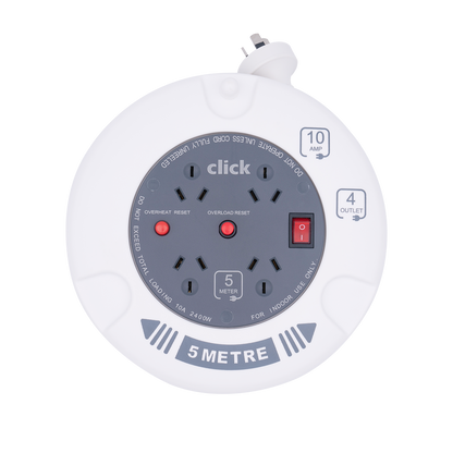 Click 5 Metre Cable Reel - 4 Power Outlets - On/Off Switch - Safety Fe ...