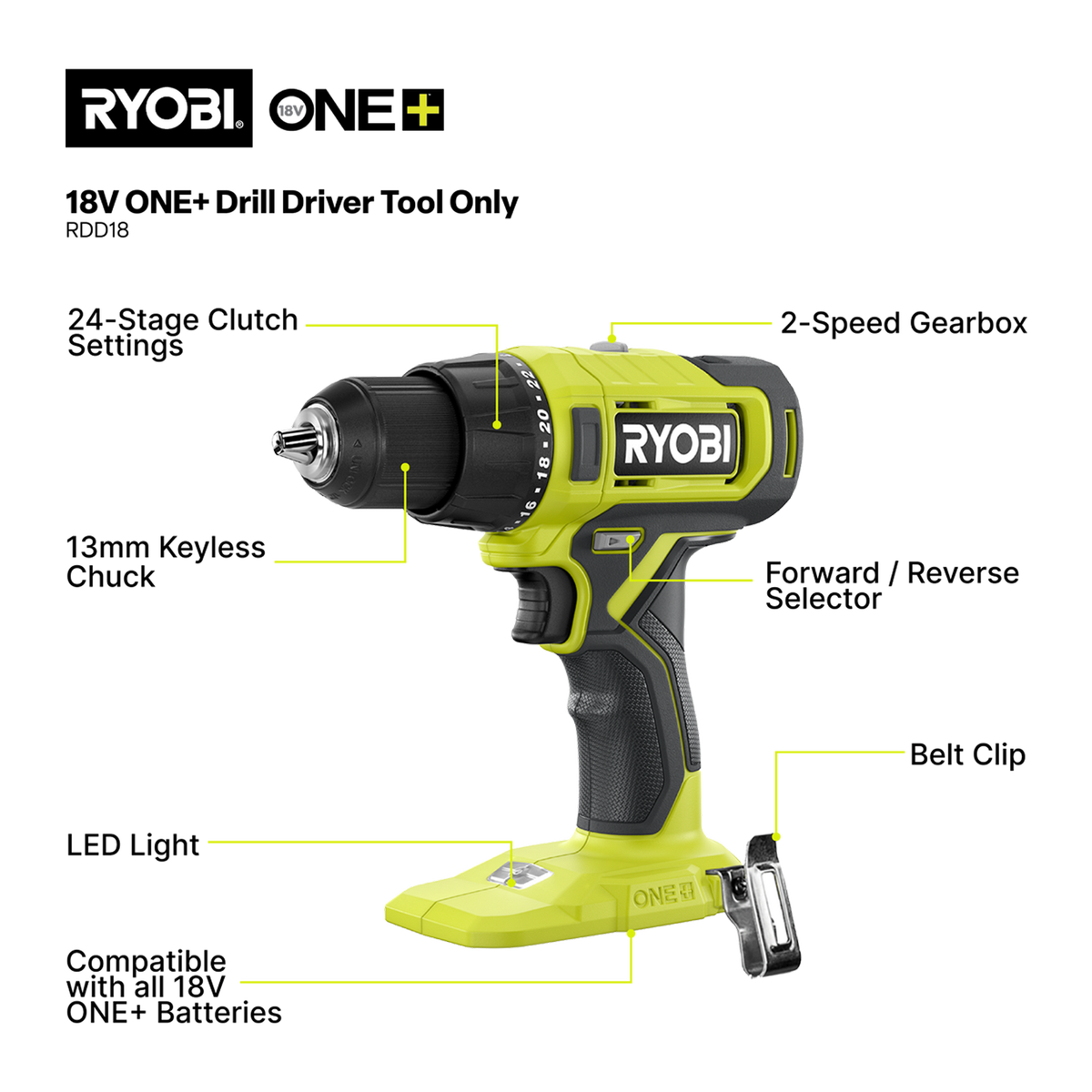 Ryobi 18V One Drill Driver RDD18 - Tool Only - 2-Speed Gearbox - LED L ...