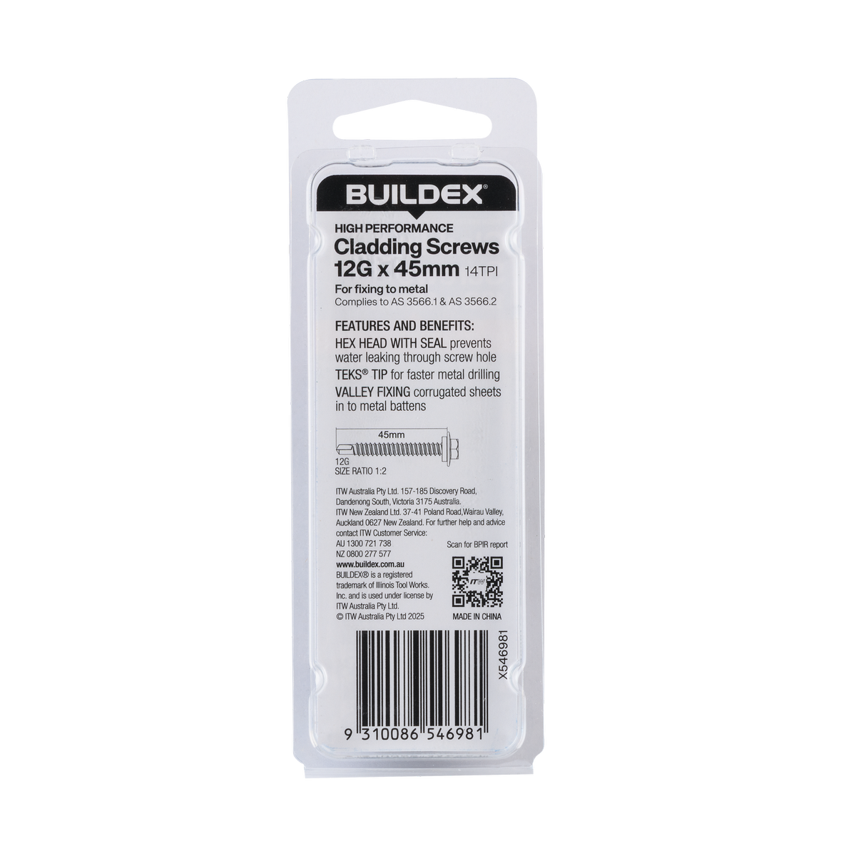 Buildex 12g x 45mm Roofing Teks Screws - 8 Pack - Class 3 Corrosion Pr ...