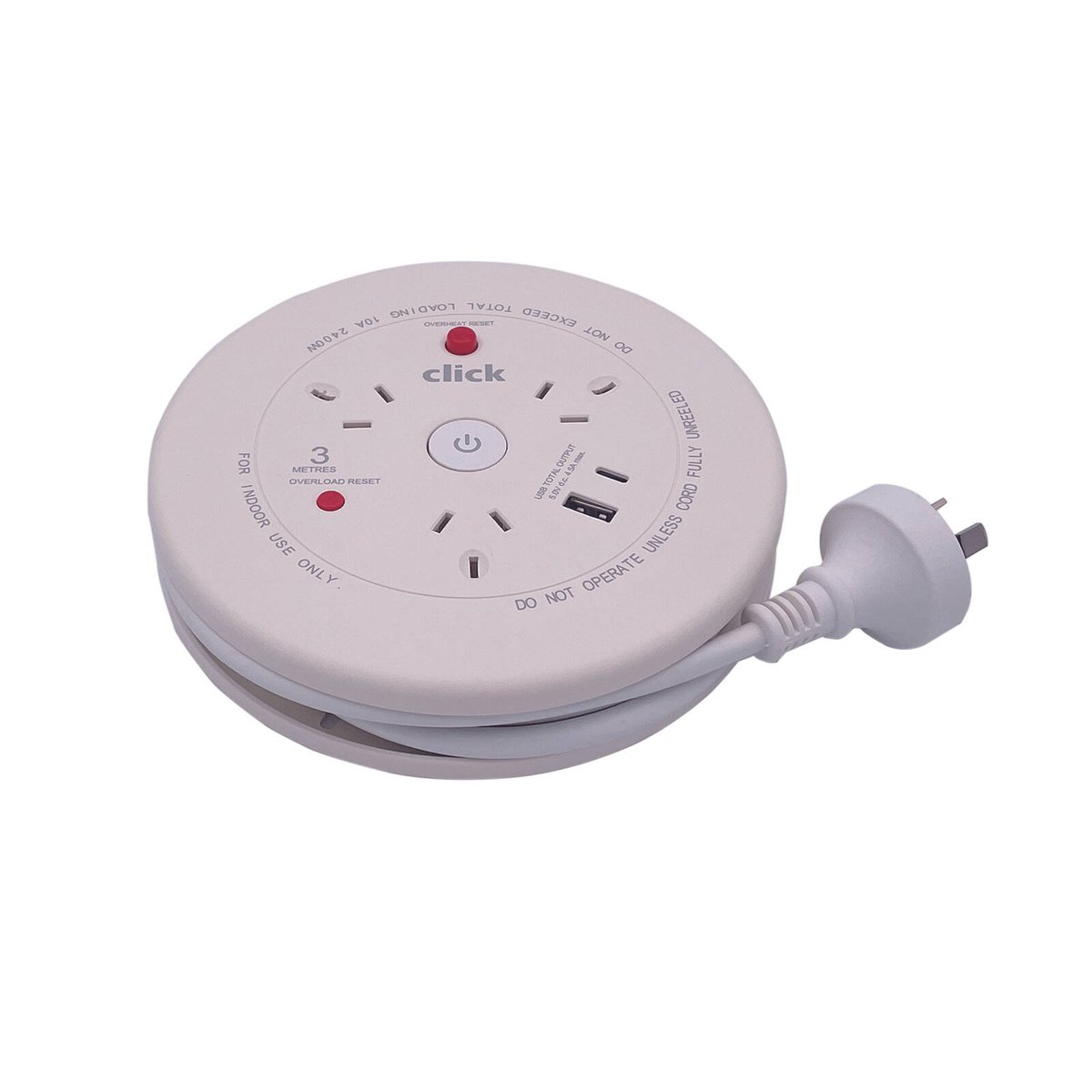 Click 3m Cable Reel with USB Charger - 3 Power Outlets - Portable Desi ...