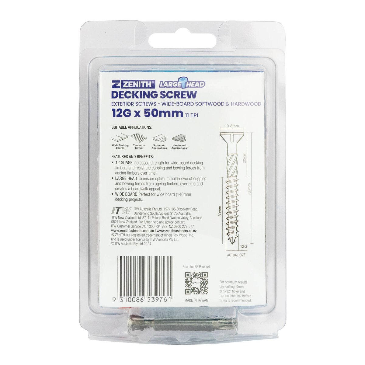 Zenith Large Head Decking Screw T25 12g x 50mm SS304 - 50 Pack - Stren ...