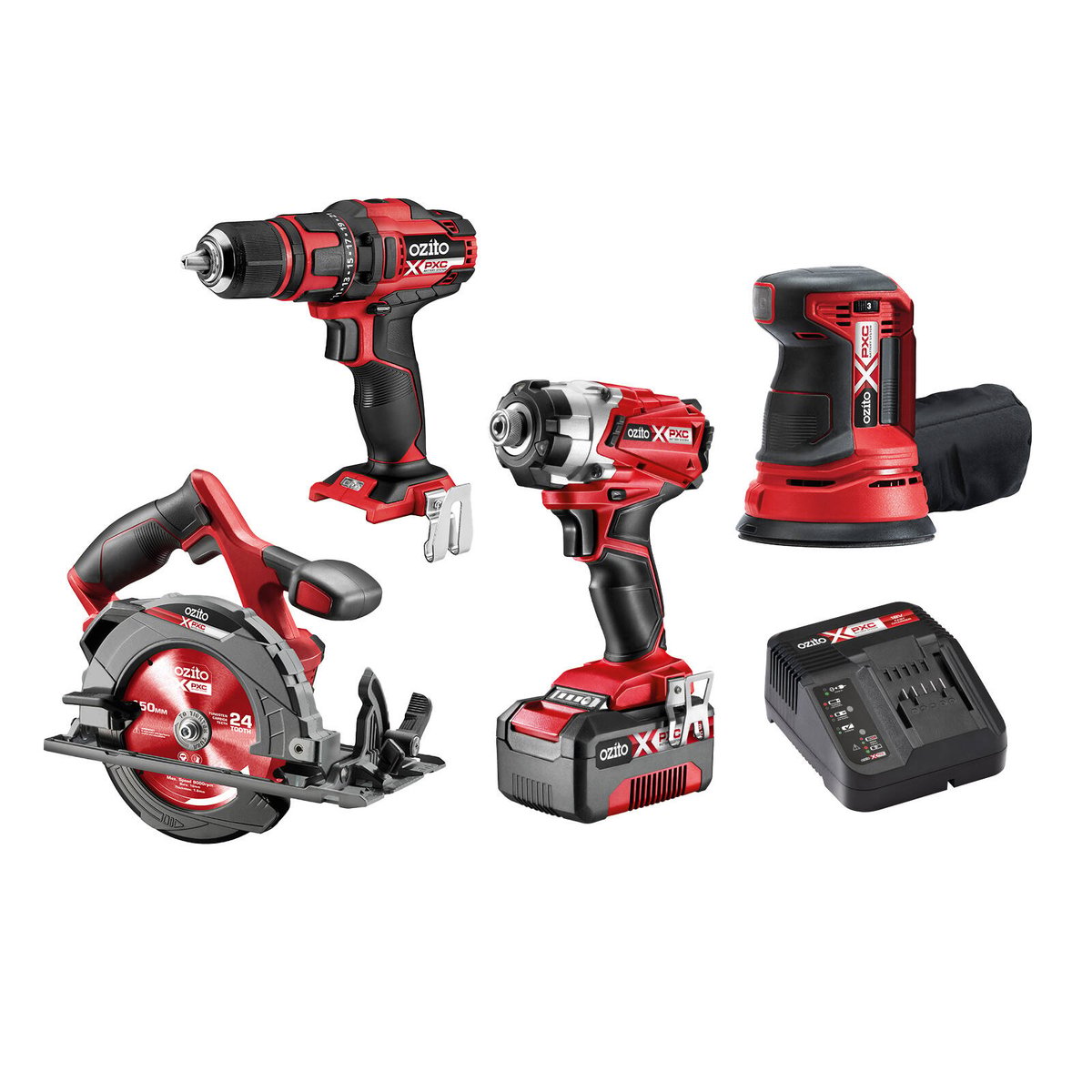Ozito PXC 18V 4 Piece Kit P4K 400 - Drill Driver, Impact Driver, Circu ...