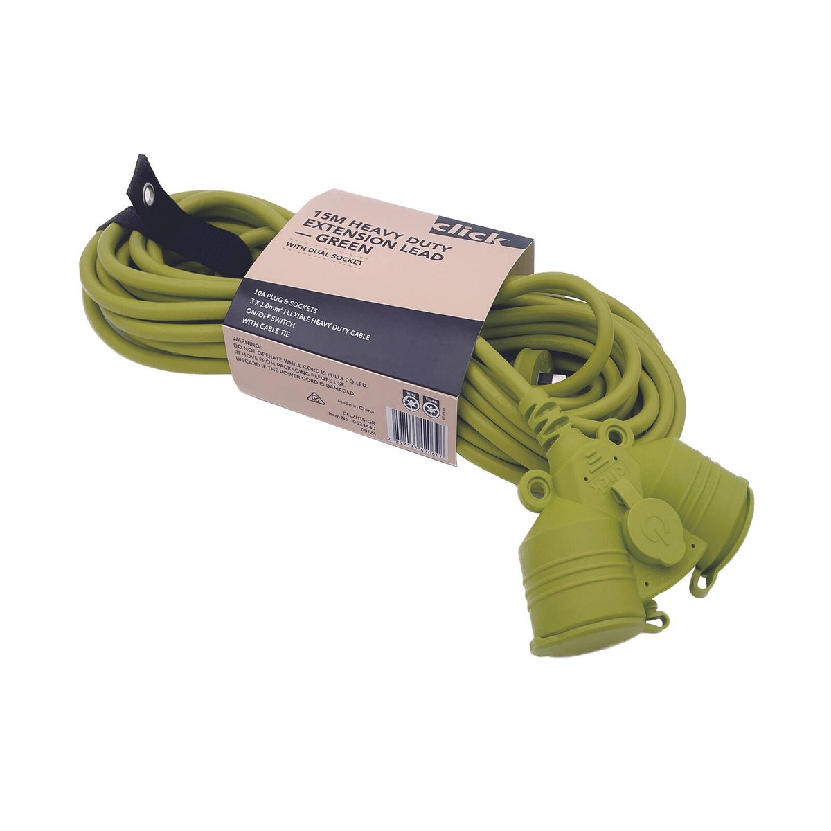 Click 15m Green Heavy Duty Extension Lead - Dual Socket - Durable - In ...