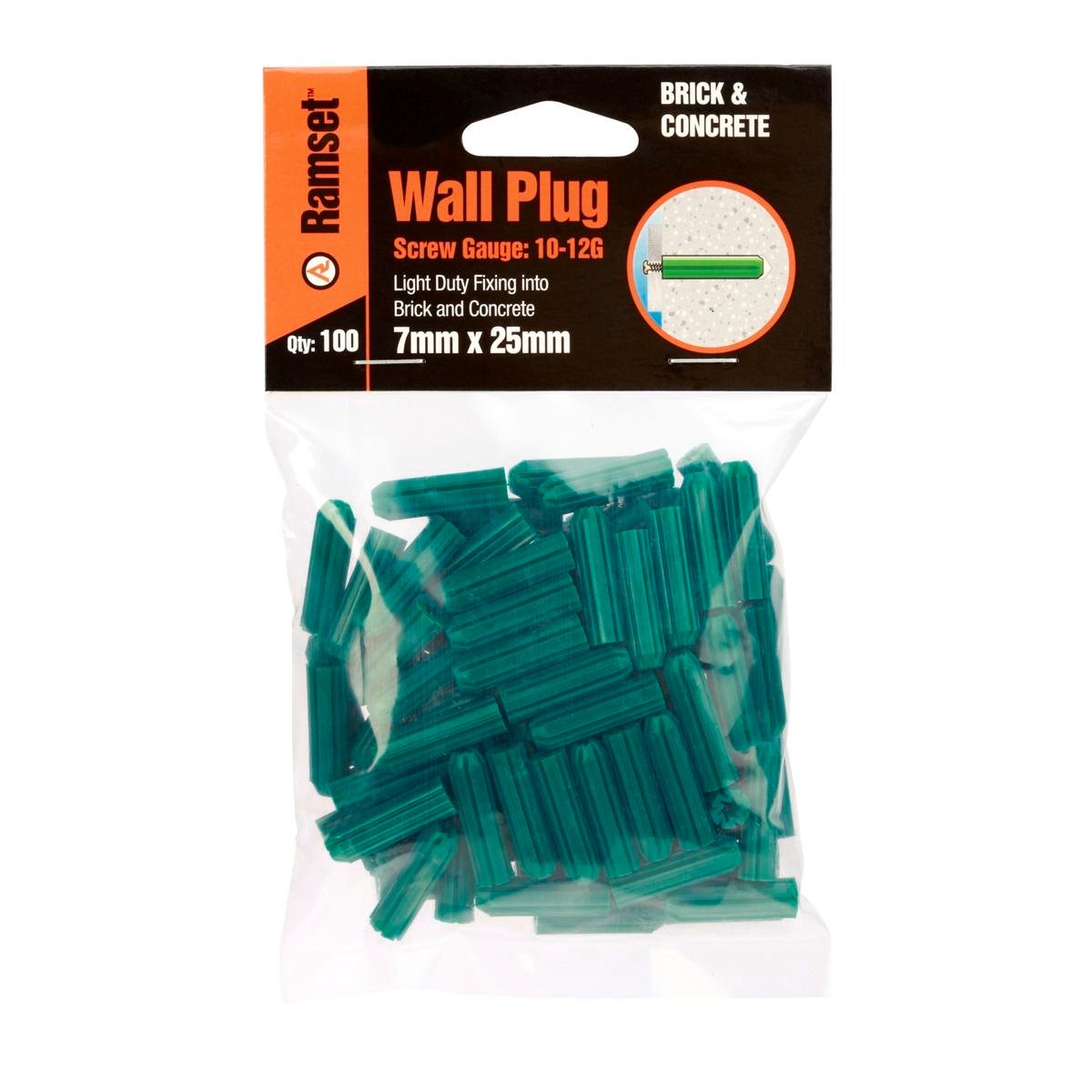 Ramset Green Wall Plugs 7 x 25mm Plastic 100 Pack Easy Insertion ...