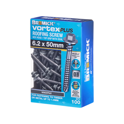 Bremick Vortex Plus Roofing Screw 6.2 x 50mm - Hex B8 - Box of 100 - W ...