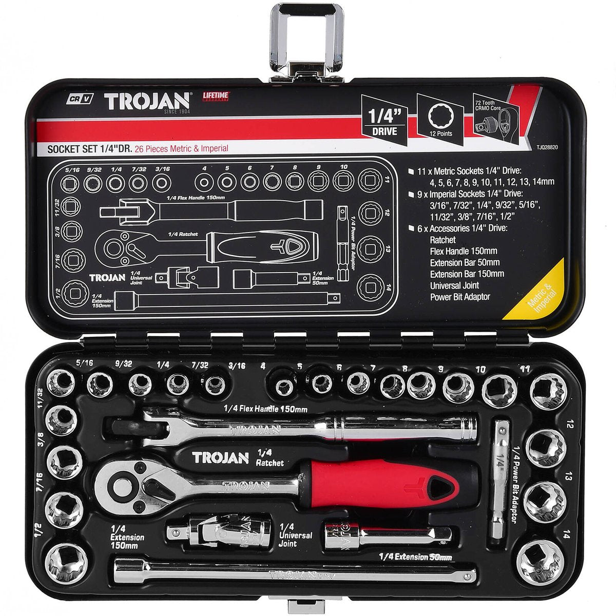Trojan 26 Piece 1/4" Drive Socket Set - Metric & Imperial - Lifetime W ...