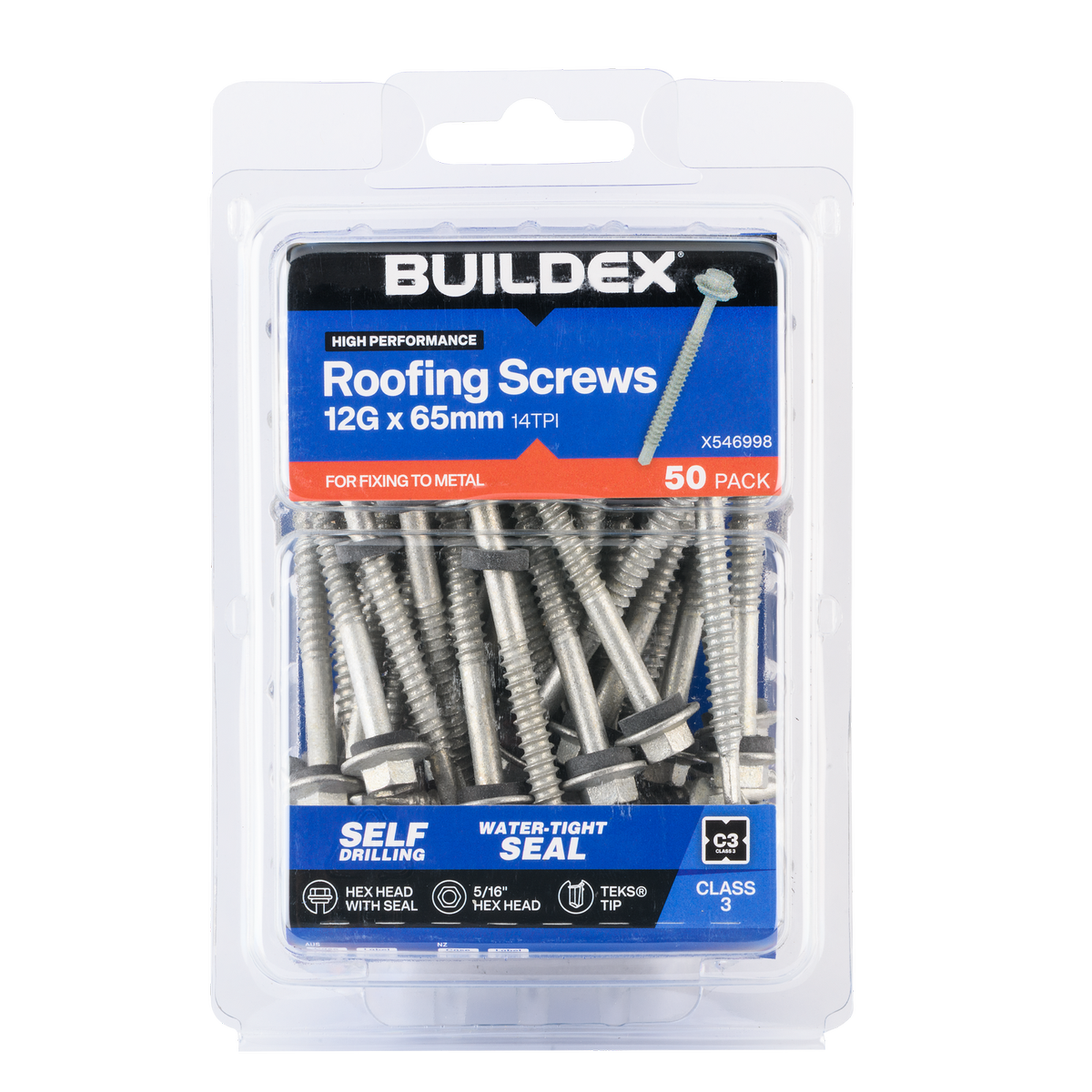 Buildex Roofing Teks Screws - 12g x 65mm - 50 Pack - Class 3 Corrosion ...