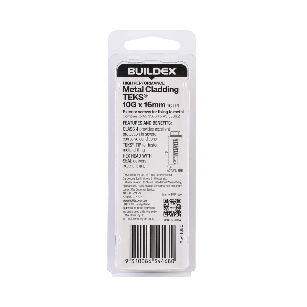 Buildex Teks Screws - 10g x 16mm - Class 4 - 20 Pack - Self-Drilling ...