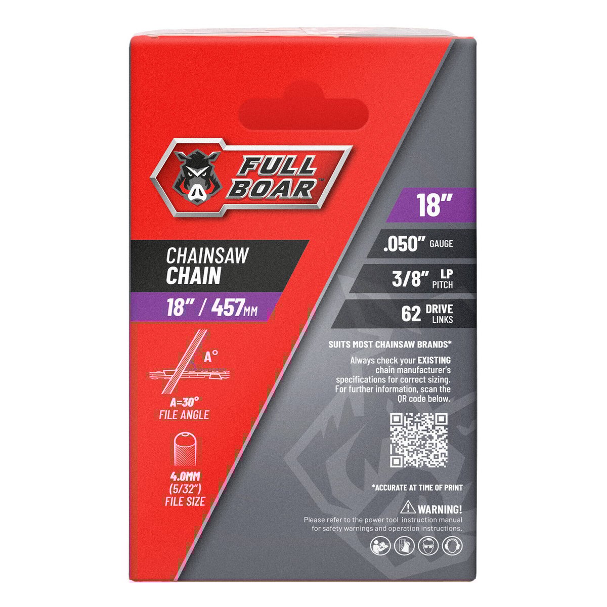 Full Boar Chainsaw Chain - 18" 457mm - Semi Chisel - 62 Drive Links ...