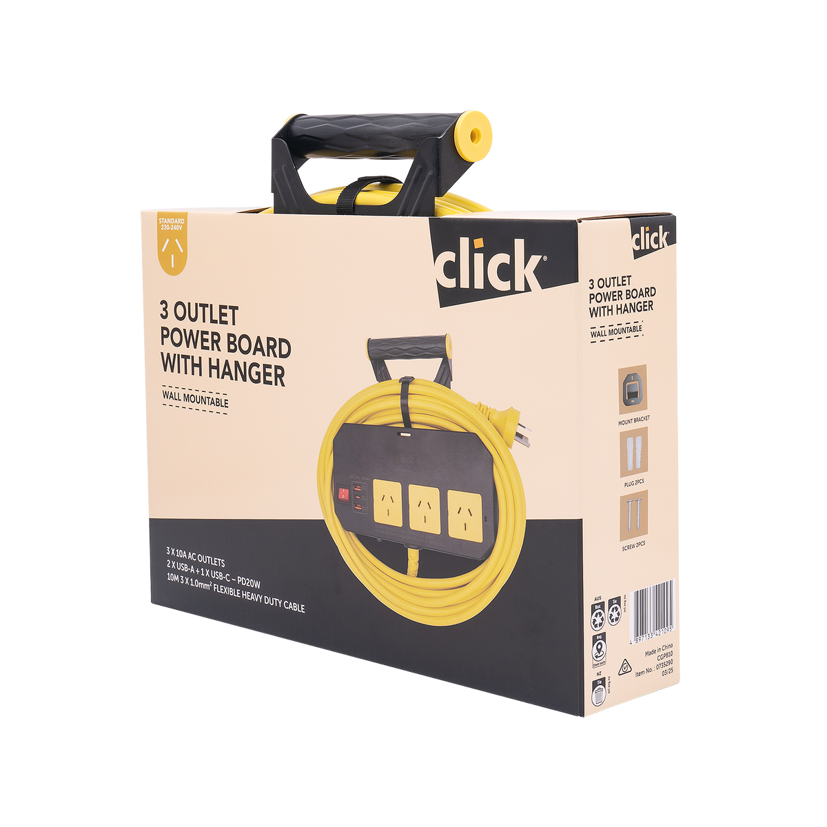 Click 10m Cord Wall Mountable Power Board - 3 Outlet with Hanger - Fas ...