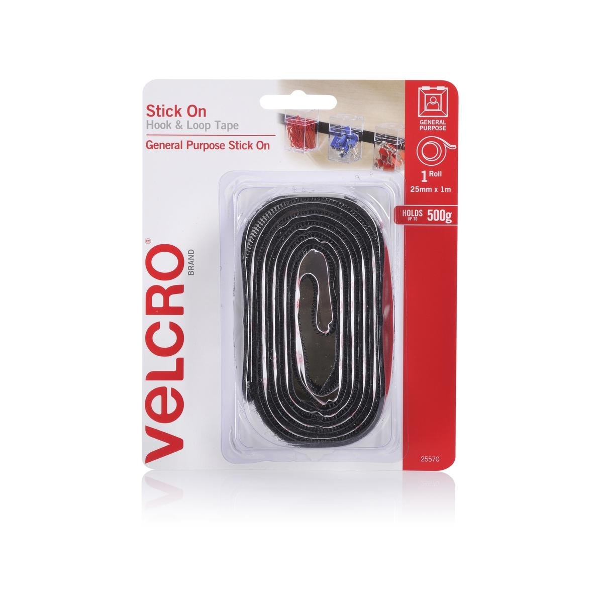 Velcro Brand Black Hook and Loop Tape 25mm x 1m Easy Adhesive Solution ...