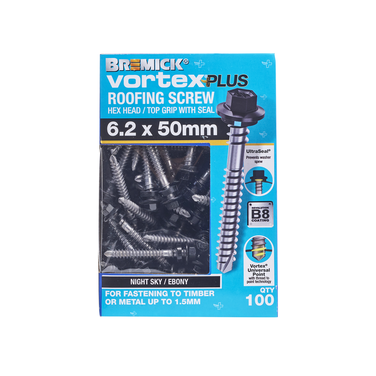 Bremick Vortex Plus Roofing Screw 6.2 x 50mm Hex - Box of 100 - Watert ...