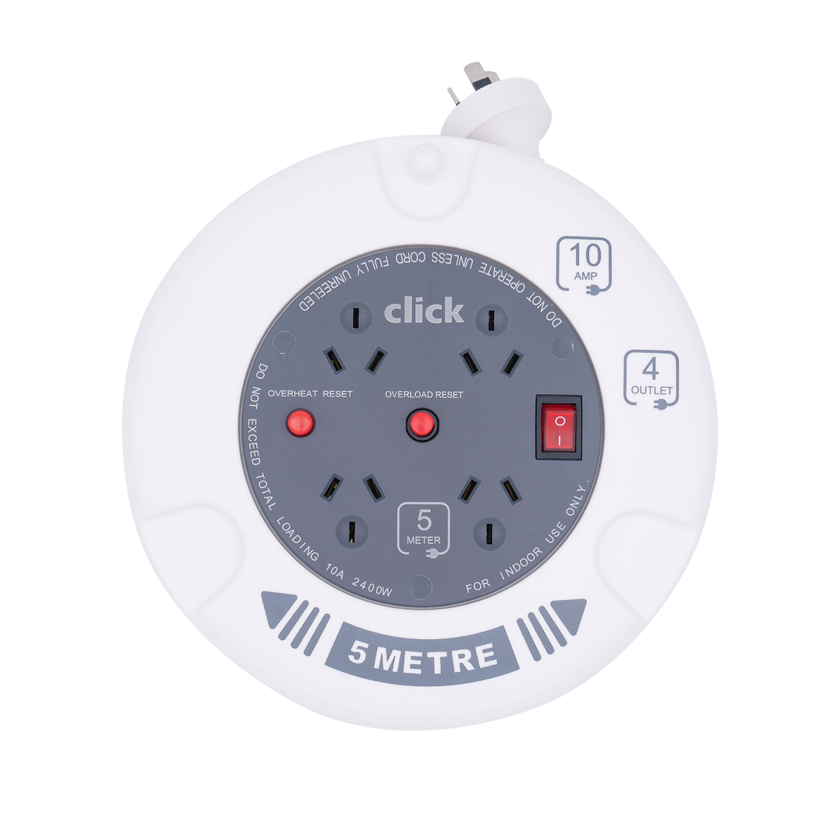 Click 5m Cable Reel - 4 Power Outlets - On/Off Switch - Safety Feature ...
