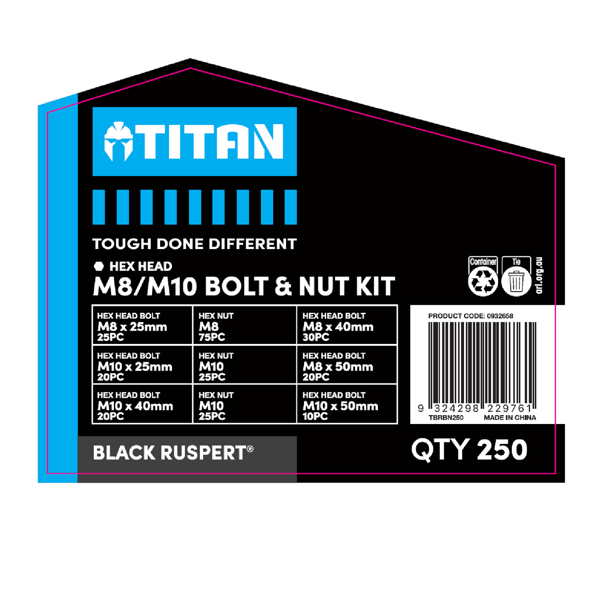 Titan 250 Piece M8 M10 Bolt and Nut Kit - 316mm x 256mm x 60mm - Black ...