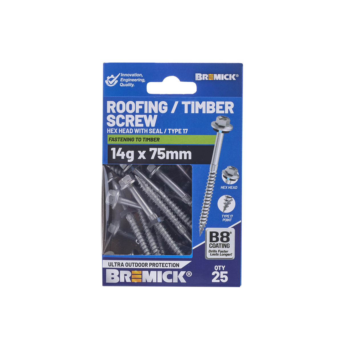 Bremick Hex Timber Screw 14g x 75mm - B8 Coating - Box of 25 - Corrosi ...