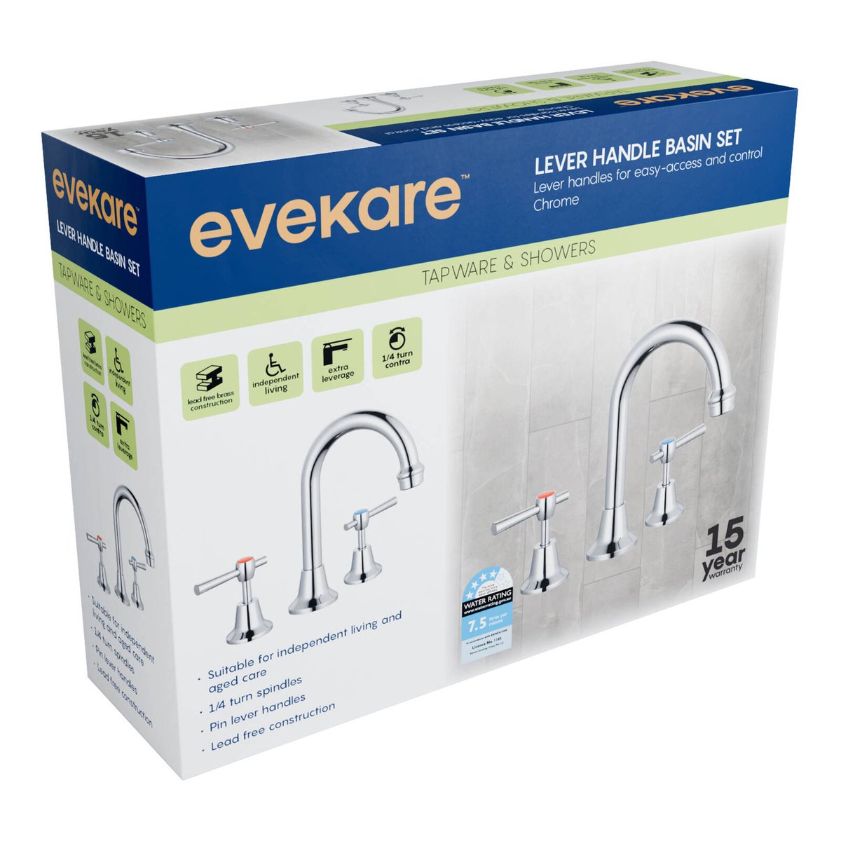 Evekare Chrome 1/4 Turn Pin Lever Basin Set 200mm x 260mm - Easy Acces ...