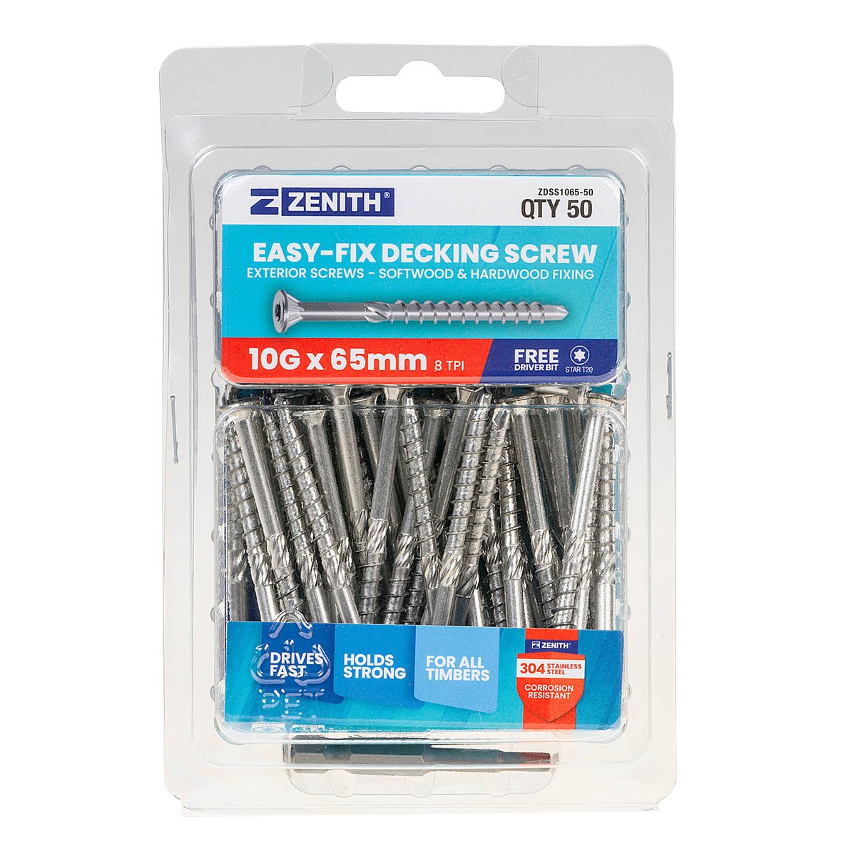 Zenith Easy Fix Decking Screw T20 10g x 65mm SS304 - 50 Pack - Corrosi ...