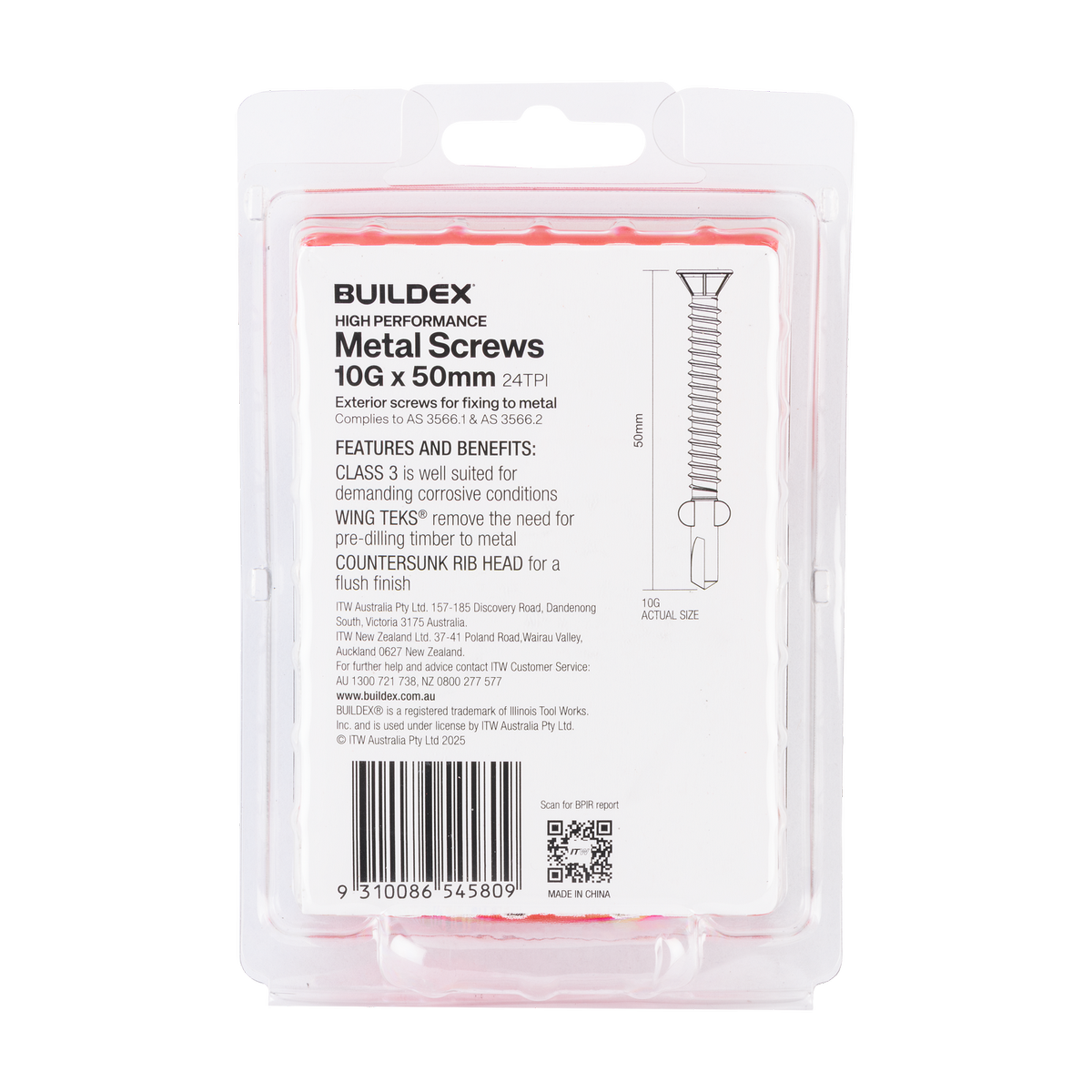 Buildex 10g x 50mm Sheet Metal Screws - Countersunk Rib Head - 50 Pack ...