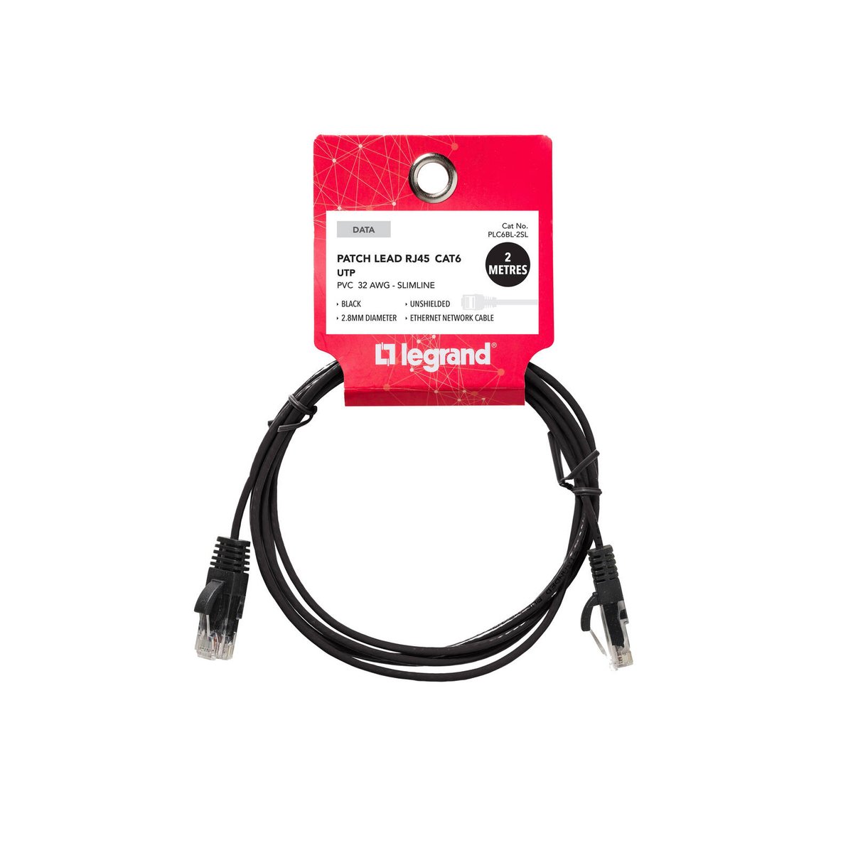 Legrand 2m Cat 6 Black RJ45 UTP Slimline Patch Lead - High-Speed Netwo ...