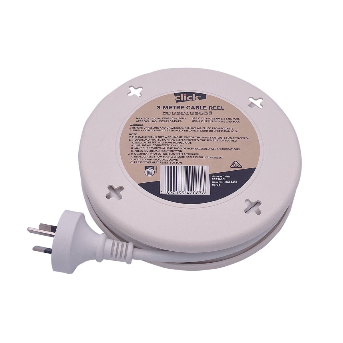 Click 3m Cable Reel with USB Charger - 3 Power Outlets - Portable Desi ...