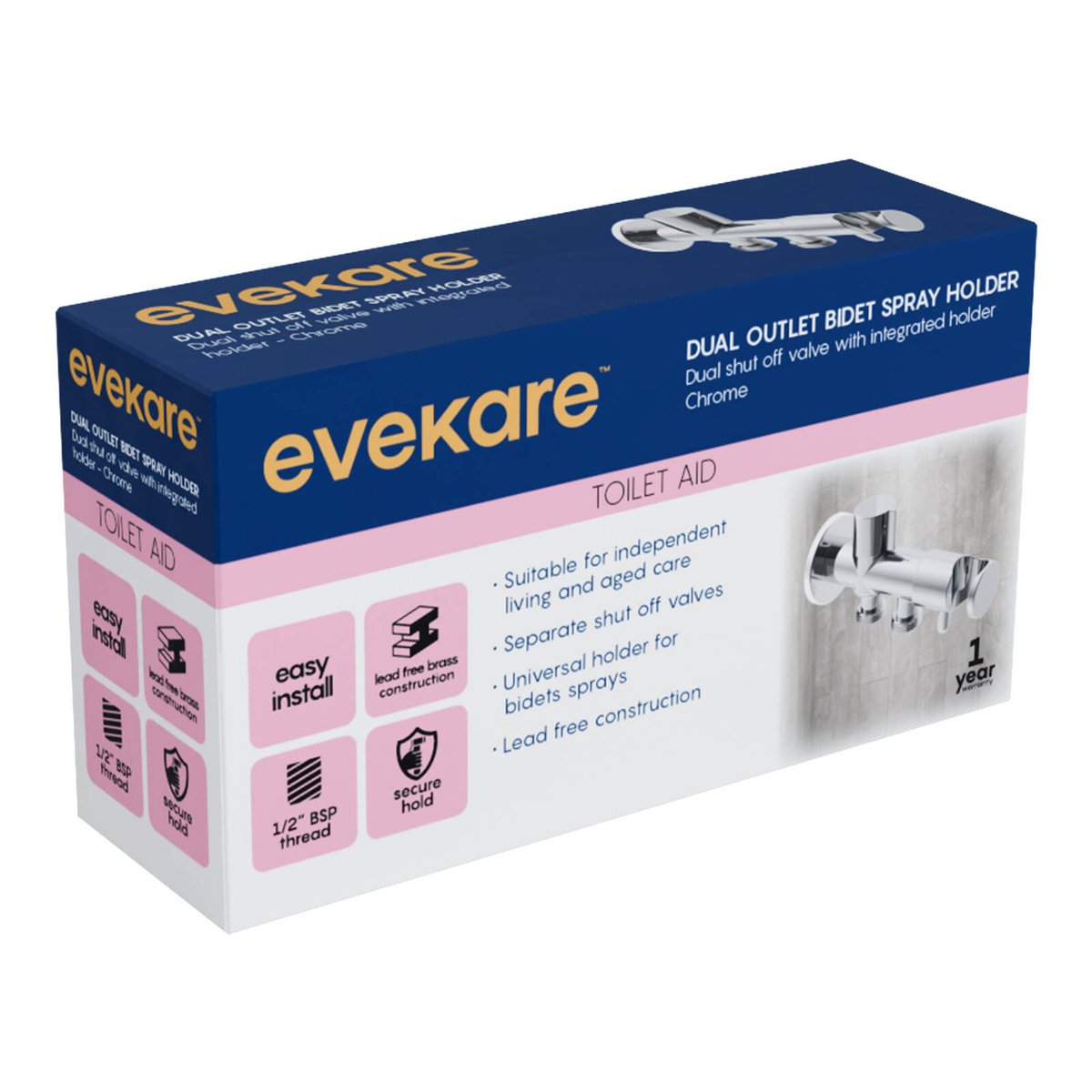 Evekare Chrome Dual Hand Spray Holder & Shut Off Valve - 138mm x 76mm ...